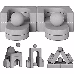 8 Pcs Kids Couch, Modular Kids Play Couch, Fold Out Toddler Couch Building Fort with Balls for Playroom, Convertible Kids Floor Sofa and Foam Couch for Boys and Girls, 30+ Creativity - Grey