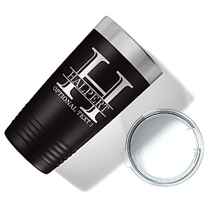 Personalized 20oz (17 Colors) Powder Coated Insulated Stainless Steel Tumbler with Lid, Custom Etched, Customized Engraved Gift Idea for Women Men Her Him, Halpert Monogram Initial Name (Black)