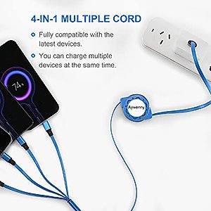 2 Pack 4 in 1 Multi USB Retractable Charger Cable,3A Multiple Charging Cord Adapter with Dual Phone/USB-C/Micro-USB Port Adapter, Fast Charging Compatible with Cell Phones Tablets Universal (2park)