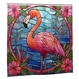 TIYAANDSY Flamingo Shower Curtain for Bathroom, Flower Leaves Glass Art Boho Shower Curtain Set, Cute Animals Abstract Fabric Modern Waterproof Bathroom Decor with 12 Hooks 72x72in YLATY4139