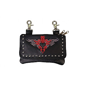 Officially Licensed Original Hot Leathers Inc. USA REFLECTIVE HEART CLIP POUCH PURSE, Adjustable Strap - 8" x 5" x 1" Black