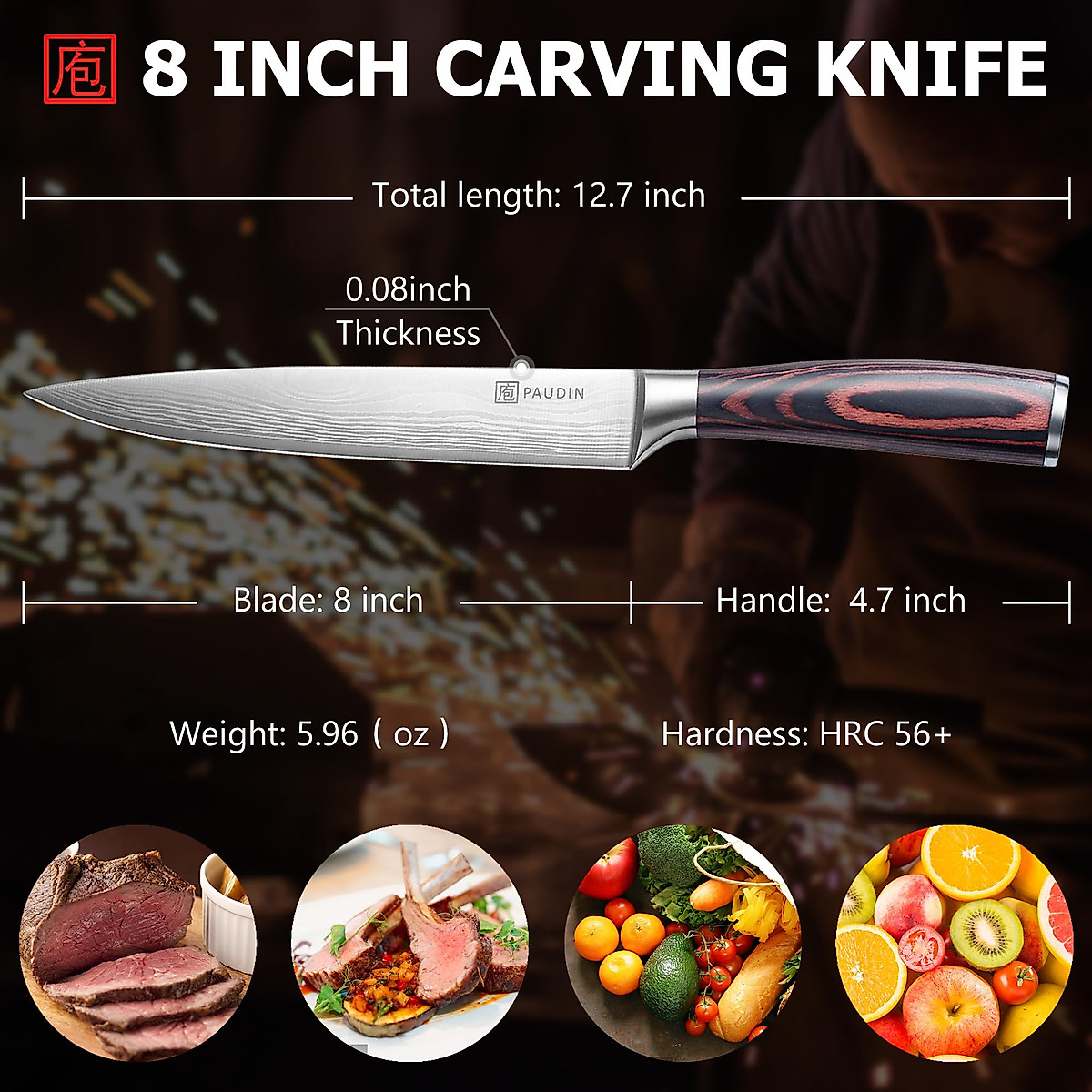 PAUDIN Carving Knife 8 inch, Ultra Sharp Brisket Slicing Knife, Premium Meat Cutting Knife German Stainless Steel, BBQ Knife with Ergonomic Handle, for Slicing Roast, Meats and Vegetables