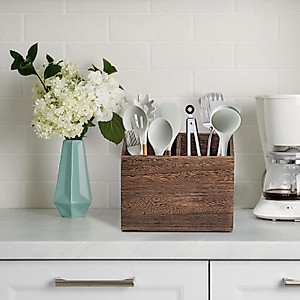 Wooden Kitchen Utensil Caddy With 2 Compartments, Rustic Kitchen Utensil Holder for Kitchen Countertop, Wood Utensil Crock Organizer Box for Farmhouse Kitchen Decor