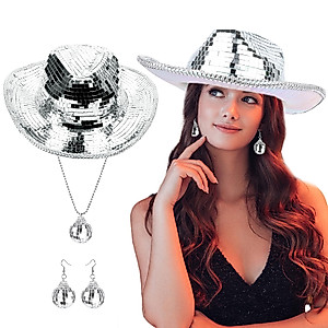 MAKCNMYM Disco Cowboy Hat Silver Cowgirl Hat With Disco Ball Necklace and Sparkly Mirrored Earrings Sequin Hat Women Bling Glitter Dance Cap for Girls Party Costume Accessories Cosplay Dress Up