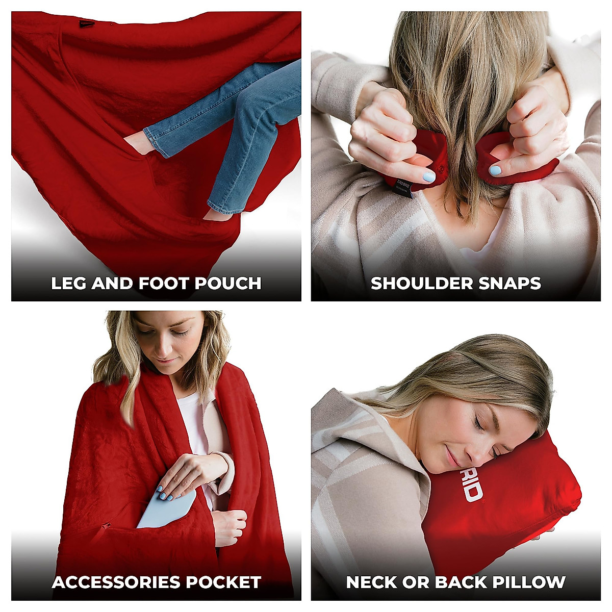 Zero Grid Premium Lightweight Wearable Super Soft Travel Blanket with Neck Snaps, Cozy Footpockets and Zipper Pouch, Compact Airplane with Luggage Strap Travel Blanket and Pillow Set