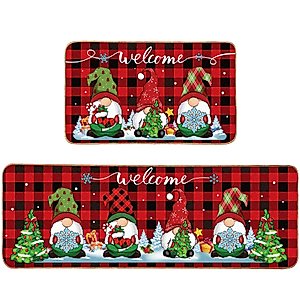 Christmas Kitchen Rugs Set of 2 Xmas Kitchen Mats Merry Christmas Mats Red Black Buffalo Plaid Doormat Christmas Non Slip Backing Floor Mat Xmas Door Mat for Home Kitchen Door Bathroom (Gnome)