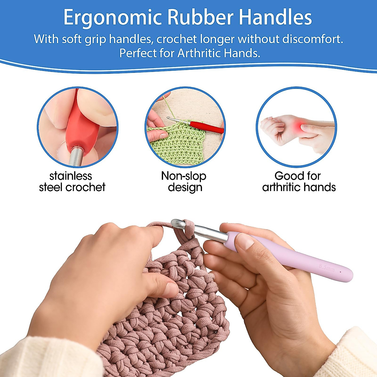 RealPlus Crochet Hooks Set, 12 Sizes Crochet Hooks Set for Arthritic Hands, Ergonomic Soft Grip Handles, Crochet Kit for Beginners, Christmas Gifts for Women, Large Crochet Needle with Blue Case