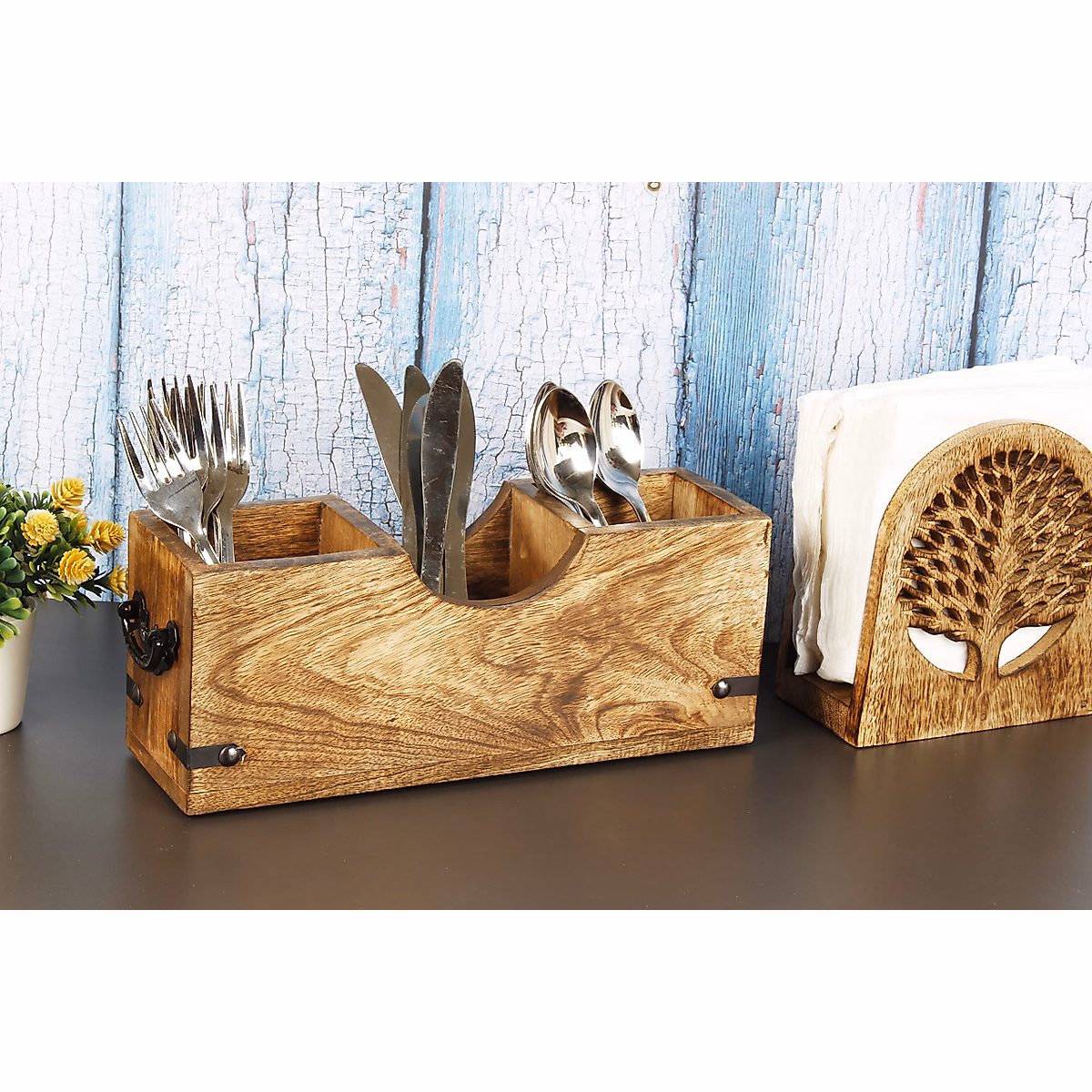 ARTISENIA Father's Day Gifts Antique Wooden Kitchen Utensil Holder With 3 Compartments Wood Utensil Organizer for Cutlery, Napkins, Cups Caddy Organizer | 11 X 3.5 X 4.5 Inch