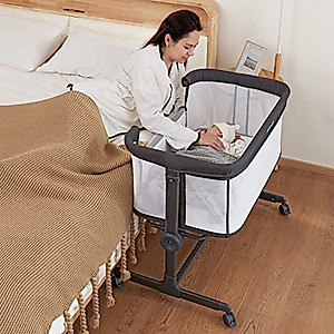 Ezebaby Baby Bassinet with Wheels, Bedside Bassinet Co Sleeper Crib for Newborn Baby Infants with All Mesh Sides and Adjustable 7 Heights, Mattress & Sheet Included