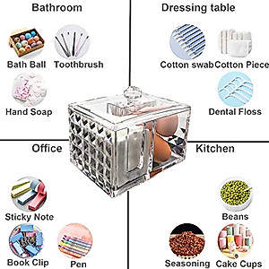 TocTen Qtip Holder Dispenser for Cotton Ball, Cotton Swab, Cotton Round Pads Jar, 3-Grid Bathroom Canister with Lid Thicken Acrylic Plastic Make Up Organizer, Extra Sponge Blender Holder Includ