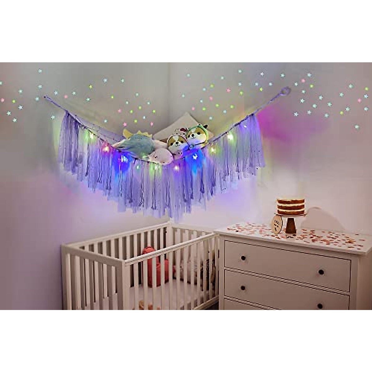 PlusRoc Stuffed Animal Storage Net Or Hammock With LED Star Light And Glow Stars, (Purple) Corner Toy Organizer Holder Bags For Kids Room Bedroom Wall Décor