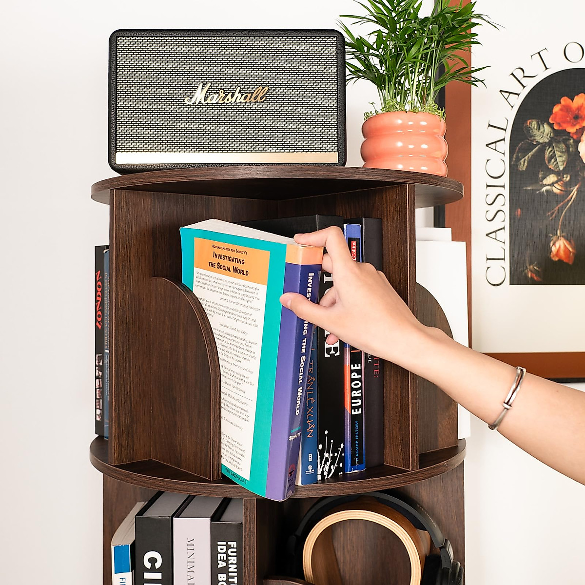 Rotating Bookshelf, Small Corner Bookshelf for Small Space, 360 Display Floor Standing Bookcase Storage Rack, Wood Narrow Book Shelf Organizer for Bedroom, Living Room (18.11"D x 18.11"W x 61.81"H)