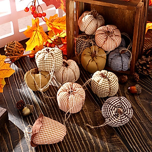 Hiboom 12 Pcs Farmhouse Fall Thanksgiving Decor Plaid Fabric Acorns Pumpkin Hanging Ornaments Autumn Tray Table Decor Thanksgiving Tree Decoration (Pumpkin)