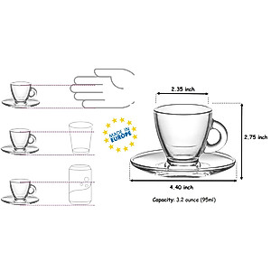 BOHEM'S Espresso Cups, 3.2 oz Small Demitasse Clear Glass Espresso Drinkware, Set Of Cups, Saucers and Stainless Steel mini Spoons + Free Glass Spoons (set of 4)