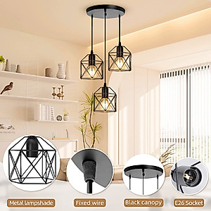 CANMEIJIA 3-Light Pendant Light Fixtures, Farmhouse Kitchen Island Light Fixture, Industrial Hanging Pendant Lighting for Dining Room Bedroom, Black Metal Cage Pendant, E26 Base, Bulbs Not Included