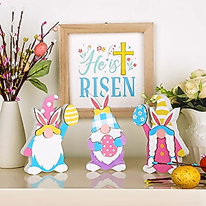 Treory Easter Decorations for The Home, 3 pcs Easter Bunny Shape Gnome Freestanding Wooden Table Centerpiece Signs Easter Gnomes for Tabletop Home Tiered Tray Decor Farmhouse for Easter Gifts