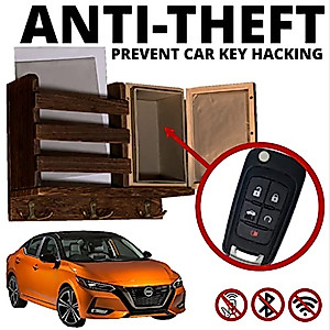 2-in-1 Anti-Theft Wall Mounted Key Holder and Mail Holder with Built-In RFID Box For Car Keys, Protect Your Vehicle From Keyless Theft, 3 Double Hooks, Rustic Decor for Entryway & Mudroom -- Brown