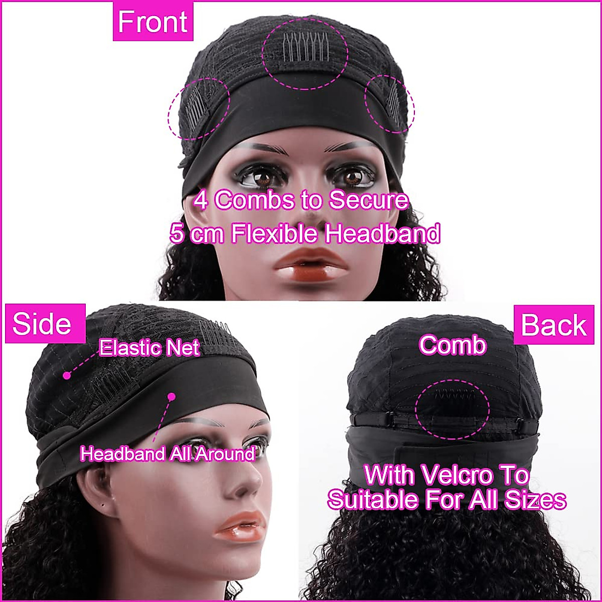 Glueless HeadBand Wig Curly Human Hair Wig None Lace Front Wigs for Black Women Deep Wave Machine Made Wigs Natural Color 180% Density (12inch)