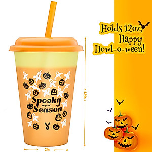 Meoky Halloween Decorations, Color Changing Cups with Lids and Straws - 6 Pack 12 oz Plastic Tumblers Bulk, Kids Cups for Halloween Party Favors
