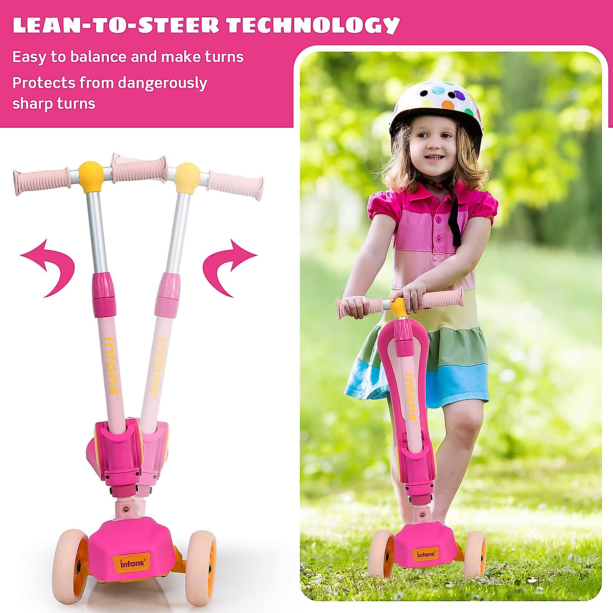 INFANS 3 Wheel Scooter for Kids, 2 in 1 Learn to Steer Kick Scooters with Removable Seat, LED Flashing Wheels, Adjustable Height, Wide Deck, Outdoor Activities Toy Gift for Girls Boys Ages 3-8 (Pink)