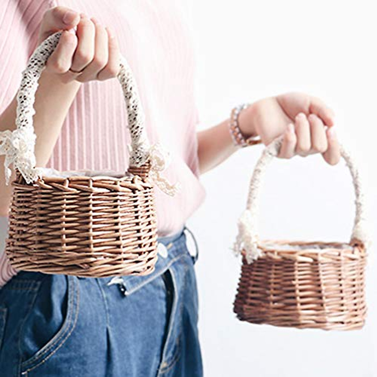 Cabilock Flower Girl Baskets Wicker Woven Basket Willow Basket Picnic Basket Woven Eggs Candy Basket Flower Basket Cookie Gift Box Bags Rattan Woven Storage Bin for Easter Birthday