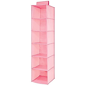 mDesign Fabric Hanging Organizer - Over Closet Rod Storage with 6 Shelves for Baby Nursery Bedroom Organization - Hold Clothes, Linens, Toys, Accessories - Pink Herringbone