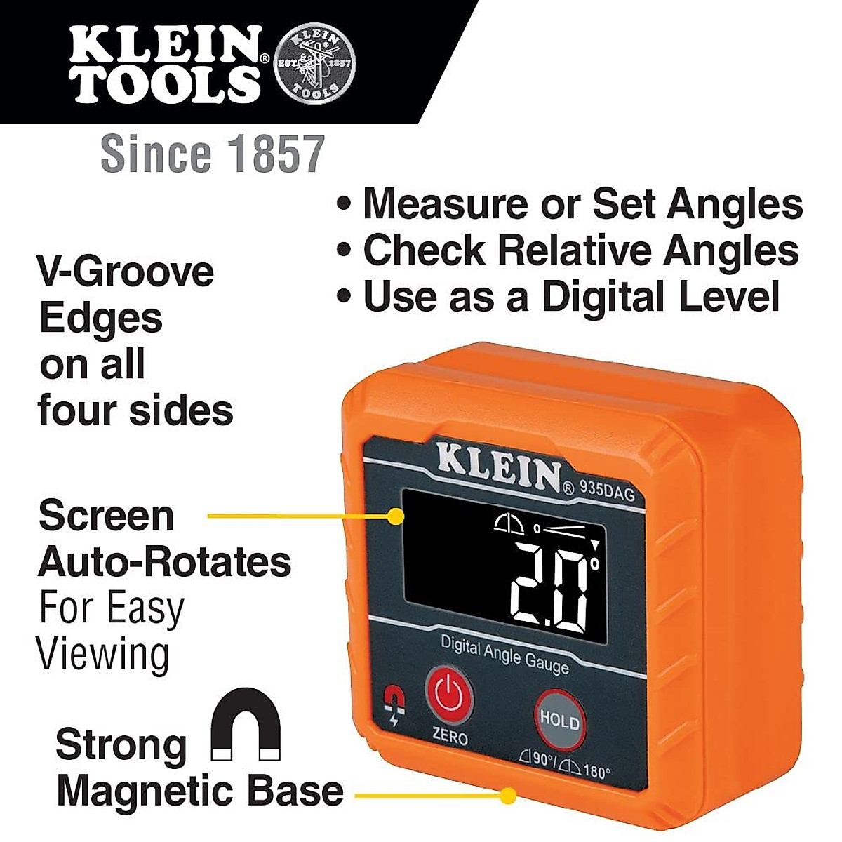 Klein Tools 935DAG Digital Electronic Level and Angle Gauge, Measures and Sets Angles & General Tools T-Bevel Gauge & Protractor - Digital Angle Finder with Full LCD Display & 8" Stainless Steel Blade