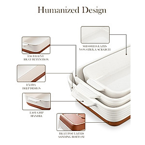 MALACASA Casserole Dishes for Oven, Ceramic Baking Dishes Set of 3, Baking Pan Casserole Dish Set, Rectangular Lasagna Pan Deep with Handles for Baking, Khaki White (14.5''/13''/10.5''), Series TARA