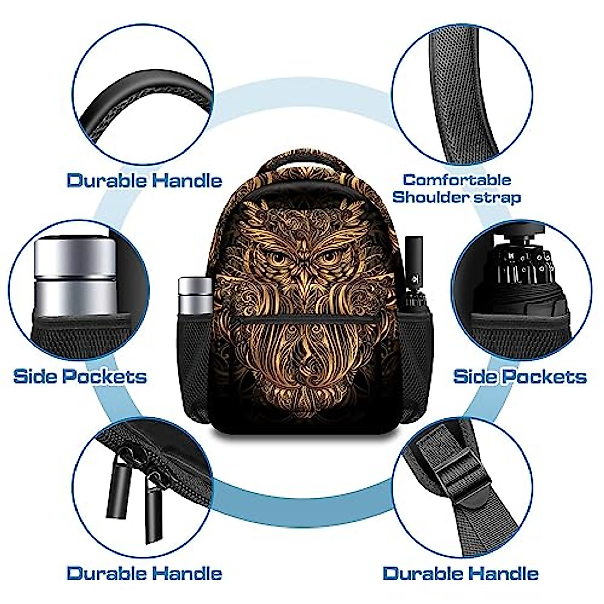 HELVOON School Backpack for Women Men 12.6 x 6.3 x 16 in Travel Backpack Laptop Notebook School Bag for Girls Boys, Stylish Casual Daypack Shoulder Bag Ornate Spiritual Owl