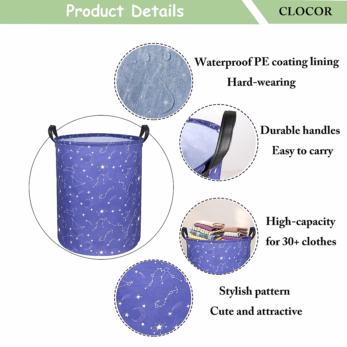 CLOCOR Large Blue Round Laundry Hamper,Kids Toy Storage Basket,Baby Dirty Clothes Nursery Hamper for Boys and Girls,Bedroom,Bathroom,Gift Basket(Starry Sky)