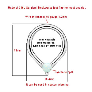 FANSING White Opal Septum Rings for Women 16 Gauge Septum Clicker Surgical Steel Septum Piercing Rings 16g Septum Jewelry 8mm Teardrop Septum Hoop