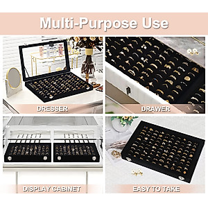 Ring Organizer for Jewelry, Ring Holder Box with Clear Lid, Dustproof Velvet Rings Display Tray Storage Case, 100 Slot Glass Top Jewelry Tray Drawer Insert for Multiple Rings Studs Earring (Black)