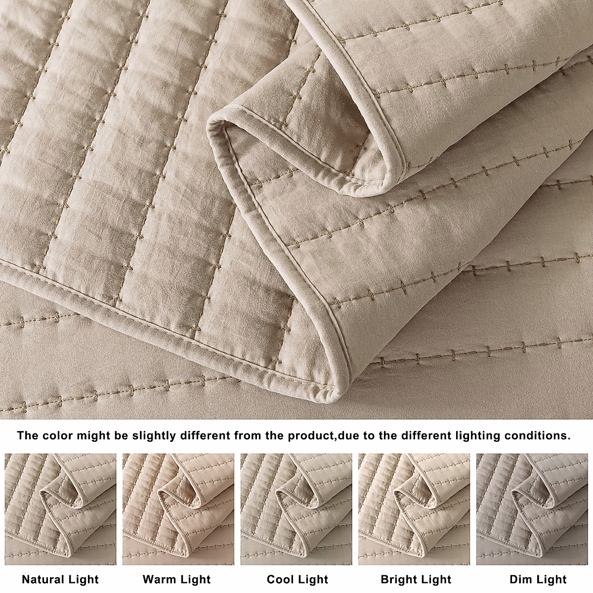 ROARINGWILD Beige Cream Tan Queen Size Quilt Bedding Sets with Pillow Shams, Full Lightweight Bedspread Coverlet, Quilted Blanket Thin Comforter Bed Cover for All Season, 3 Pieces, 90x90 inches