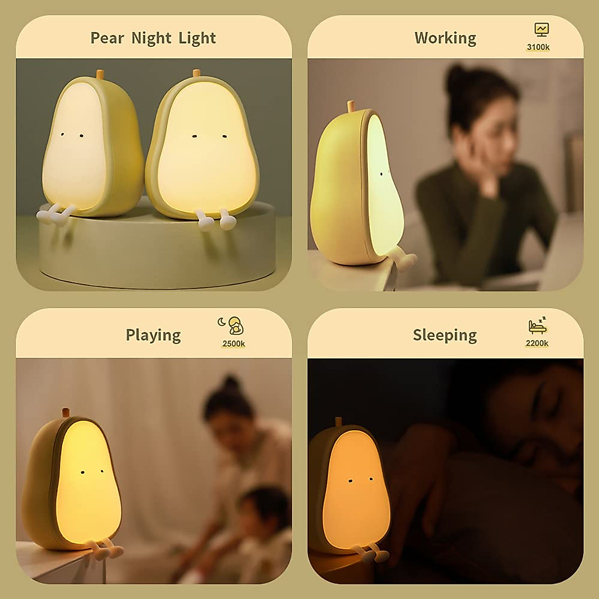 ipalmay Night Lights for Kids USB Rechargeable Lamps, BPA-Free ABS+Silicone Bedside Lamp for Breastfeeding,Color Changing, Yellow Pear