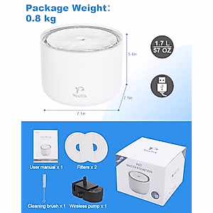 YauYik Cat Water Fountain, 57 oz/1.7L Automatic Pet Water Fountains with Wireless Pump, Pet Water Fountain for Cats and Dogs with Smart LED Light, Ultra Quiet & Multi-Filtration
