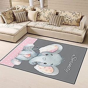 XOZOTY Custom Name Watercolor Elephant Pink Polka Dot Area Rugs Kitchen Bath Mat Washable Doormats for Patio Garden Porch 4'x5.2'