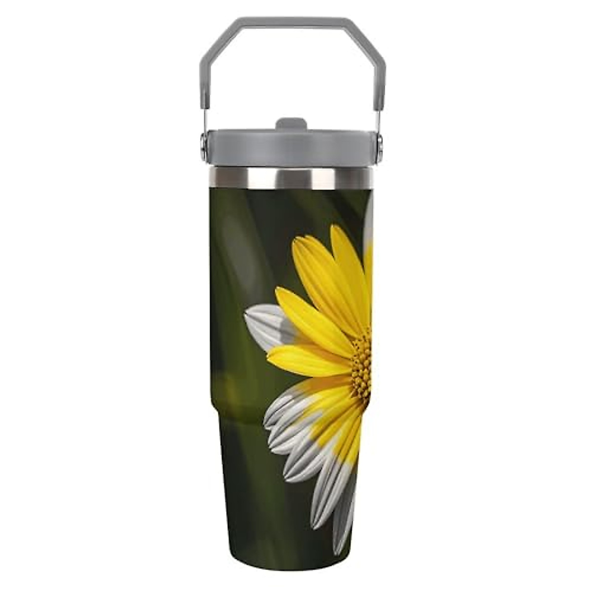 WITHSBKK 30oz Car Cup Yellow Gray Flower Printed with Portable, Stainless Steel Travel Mug, Vacuum Insulated Tumbler And Straw, Leakproof for Car & Outdoor, UV Printed Design