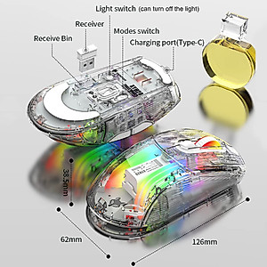 Attoe Bluetooth Wireless Mouse, Transparent RGB Mechanical Dual Mode Gaming Mouse, A Must-Have Cool USB Computer Mouse for Gaming and Esports