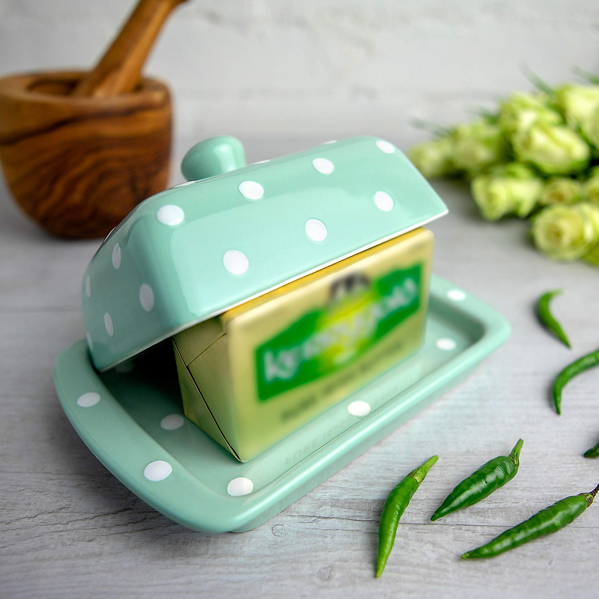 Handmade Ceramic European Covered Butter Dish With Lid | Unique Teal and White Polka Dot Pottery Butter Keeper | Housewarming Gift by City to Cottage®