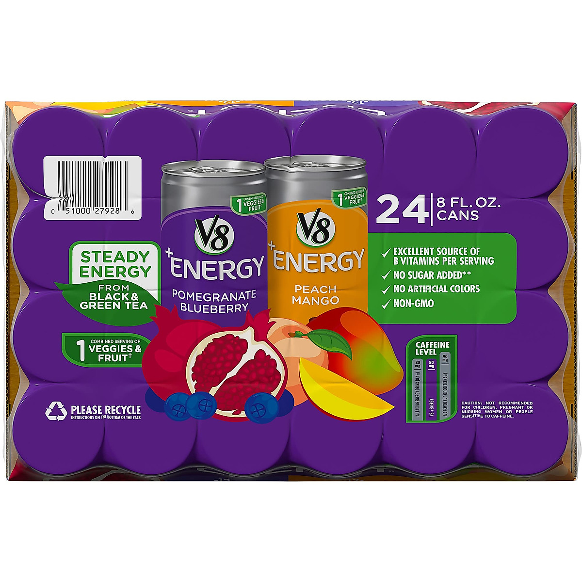 V8 +Energy Variety Pack, Healthy Energy Drink, 12 Pomegranate Blueberry and 12 Peach Mango, 8 Oz Can)