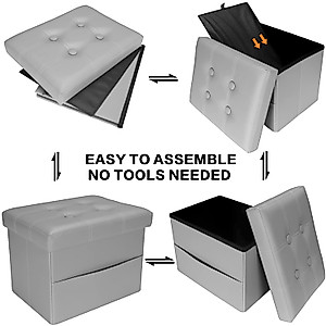 FujDun® Folding Storage Ottoman Foot Rest Footstool with Side Pocket,17 Inch Leather Ottoman Seat for Living Room Bedroom or Dorm,Padded with Thick Sponge,17X13X13in Grey