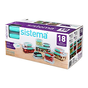 Sistema 18-Piece Food Storage Containers with Lids for Lunch, Meal Prep, and Leftovers, Dishwasher Safe, Clear/Blue