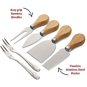 Premium Bamboo Cheese Board with Stainless Steel Knife Set and Ceramic Cups | Great Gift Idea | Size 13.3'' x 13.3'' x 2.2''