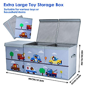 Extra Large Toy Box Chest with Flip Lid for Kids, Collapsible Oxford Toy Storage Box with Handles for Boys, Sturdy Waterproof Toy Box for Bedroom Playroom, 37.7×12.5×15.7 Inch (Animal Cars)