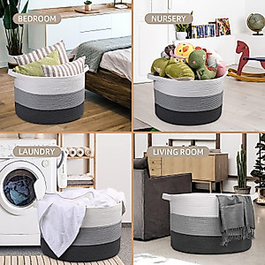 Handmade Large Cotton Rope Storage Basket, Laundry Hamper for Nursery, Woven Rope Laundry Hamper, 87L Laundry Basket for Blankets, Cotton Rope Basket with Handles, Clothes Organizer Grey & White