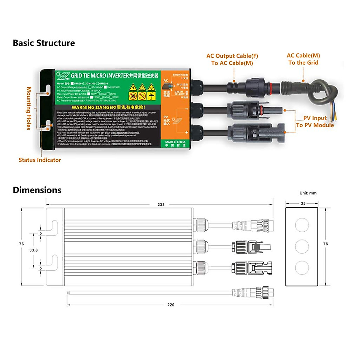 Y&H 350W Grid Tie Micro Inverter MPPT Solar Input Voc34-46V AC90-140V Output for 24V 36V Solar Panel