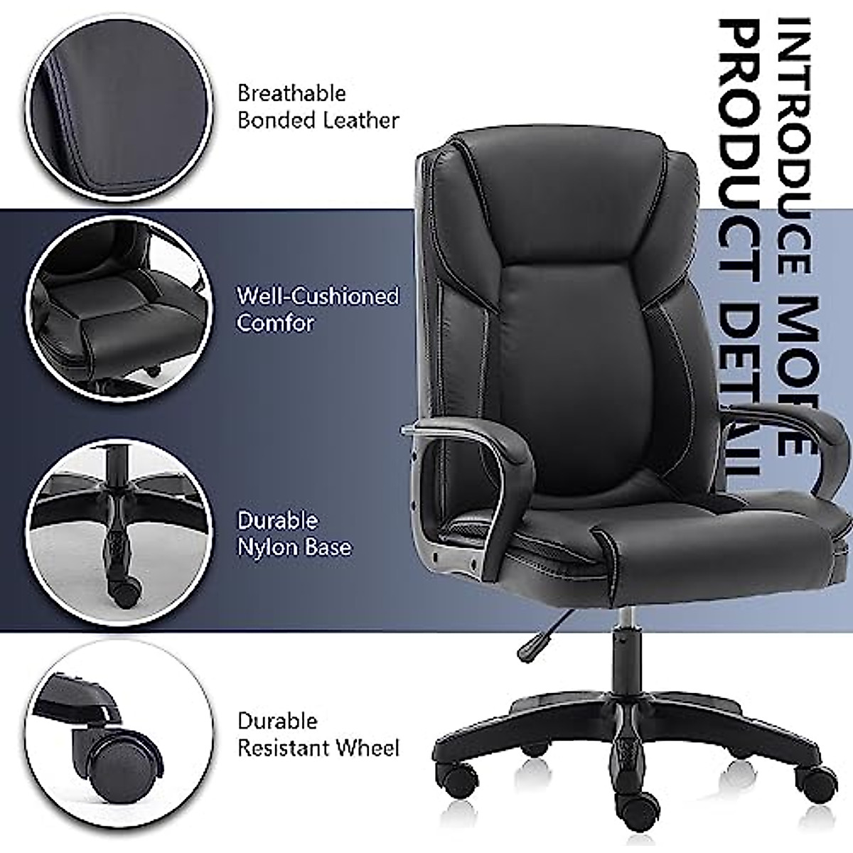 Executive Office Chair High Back Desk Chair Black Ergonomic Office Chair with Wheels and Arm Leather Chair Adjustable Swivel Chair for Adult Teens Computer Desk Chair