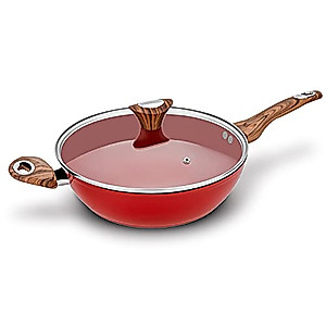 Phantom Chef 11" Deep Frypan 5 Qt Wok | Aluminum Body Non-Stick Ceramic Coating | With Soft Touch Stay Cool Handle | Dishwasher Safe | Non-Toxic PFOA & PTFE Free (Red)