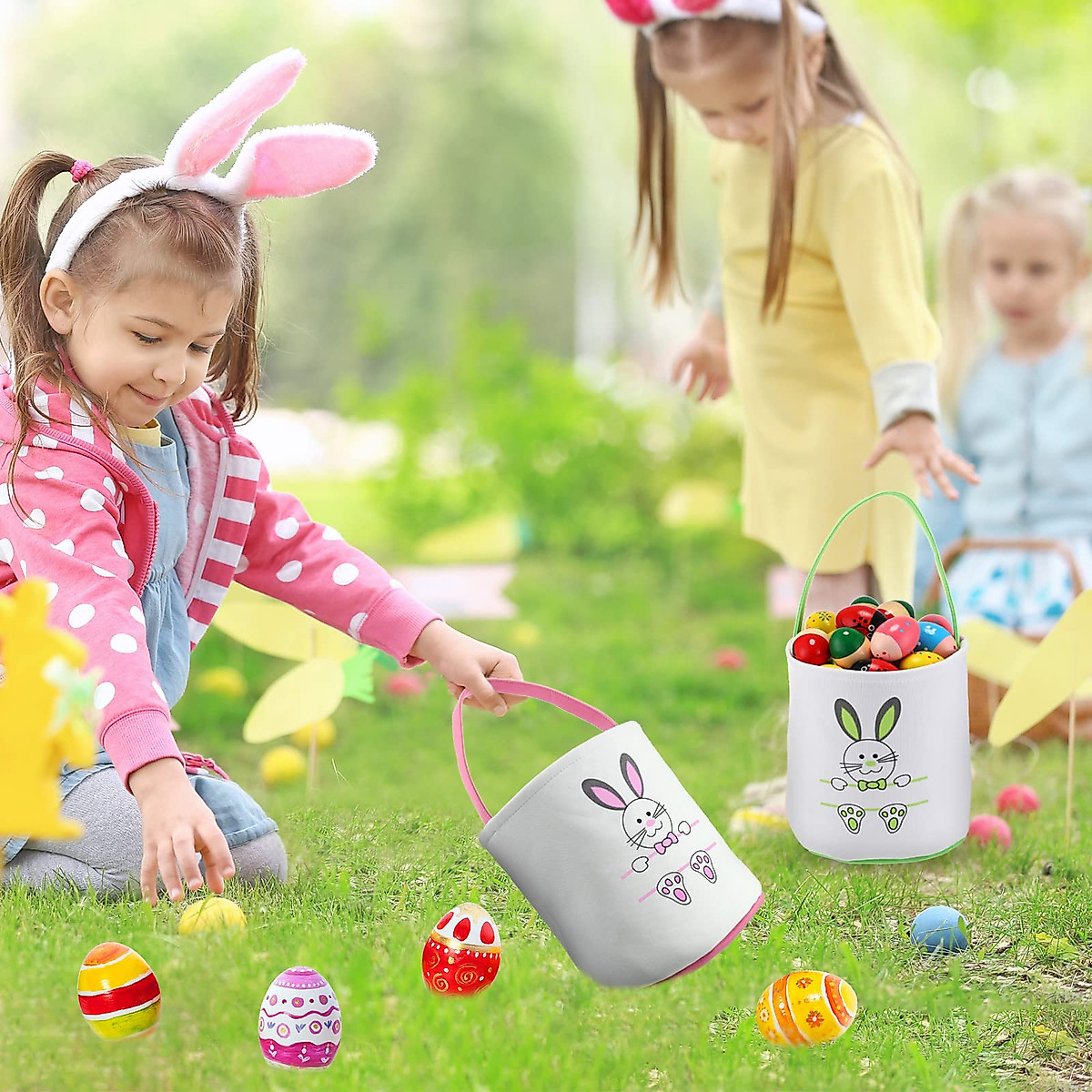 4 Pieces Easter Bunny Basket Egg Bags for Kids Cloth Tote Bags Canvas Cotton Empty Personalized Candy Egg Basket Bunny Print Buckets Carrying Presents and Eggs Hunt Bag Toys Bucket Boys Girls