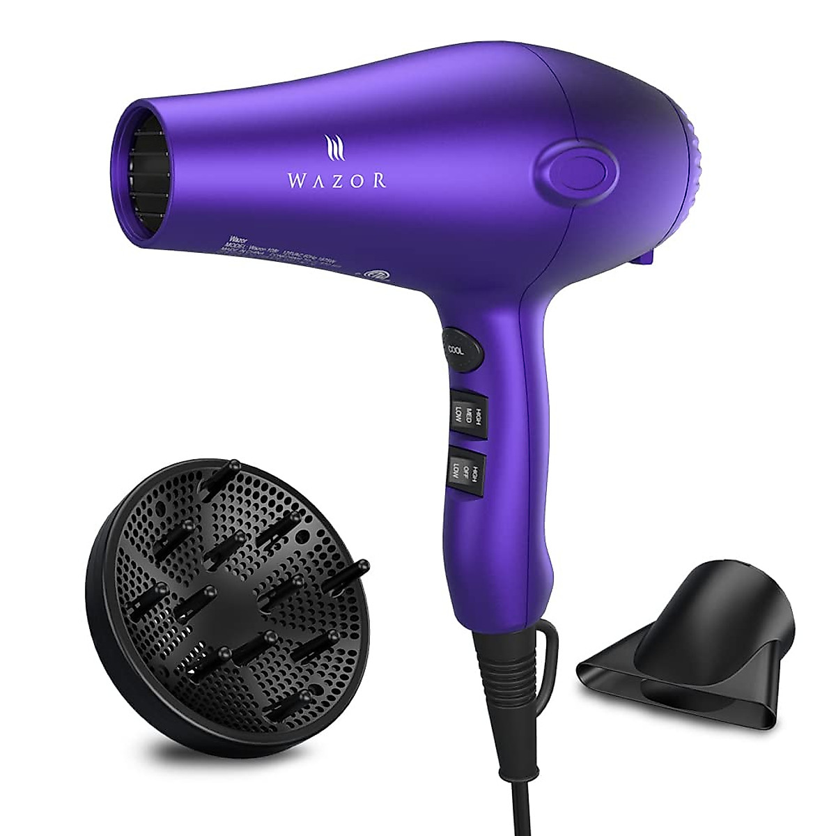 Wazor 3rd Generation Lightweight Low Noise Hair Dryer,(1875W Tourmaline Ceramic Negative Ionic Blow Dryer 2 Speed 3 Heat Settings Cool Shot with Diffuser Concentrator(Purple)